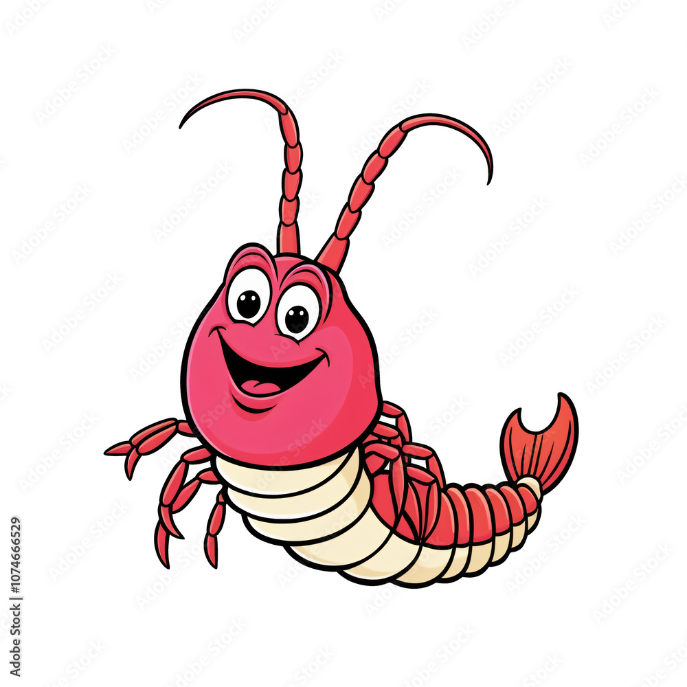Cartoon prawn with expressive eyes, playful smile, bright pink orange ...