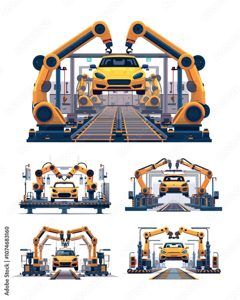 Car factory production process cartoon vector set. Vehicle body ...