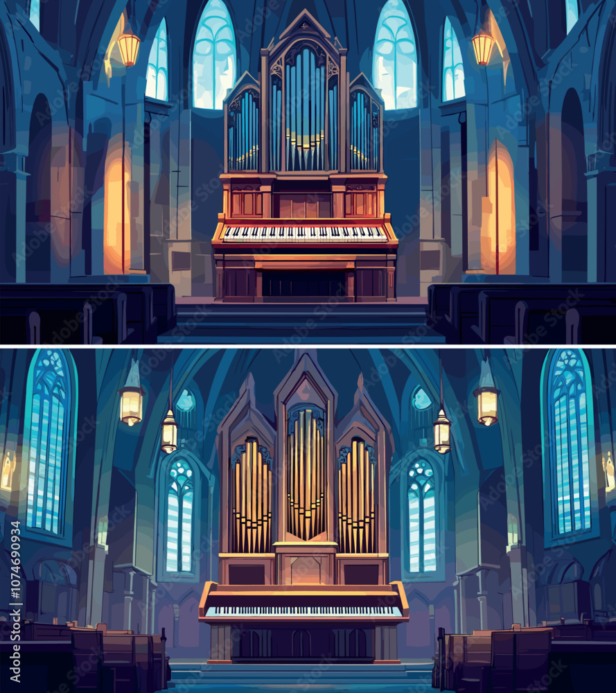 Cathedral organ cartoon vector concepts. Old keyboard pipe music ...