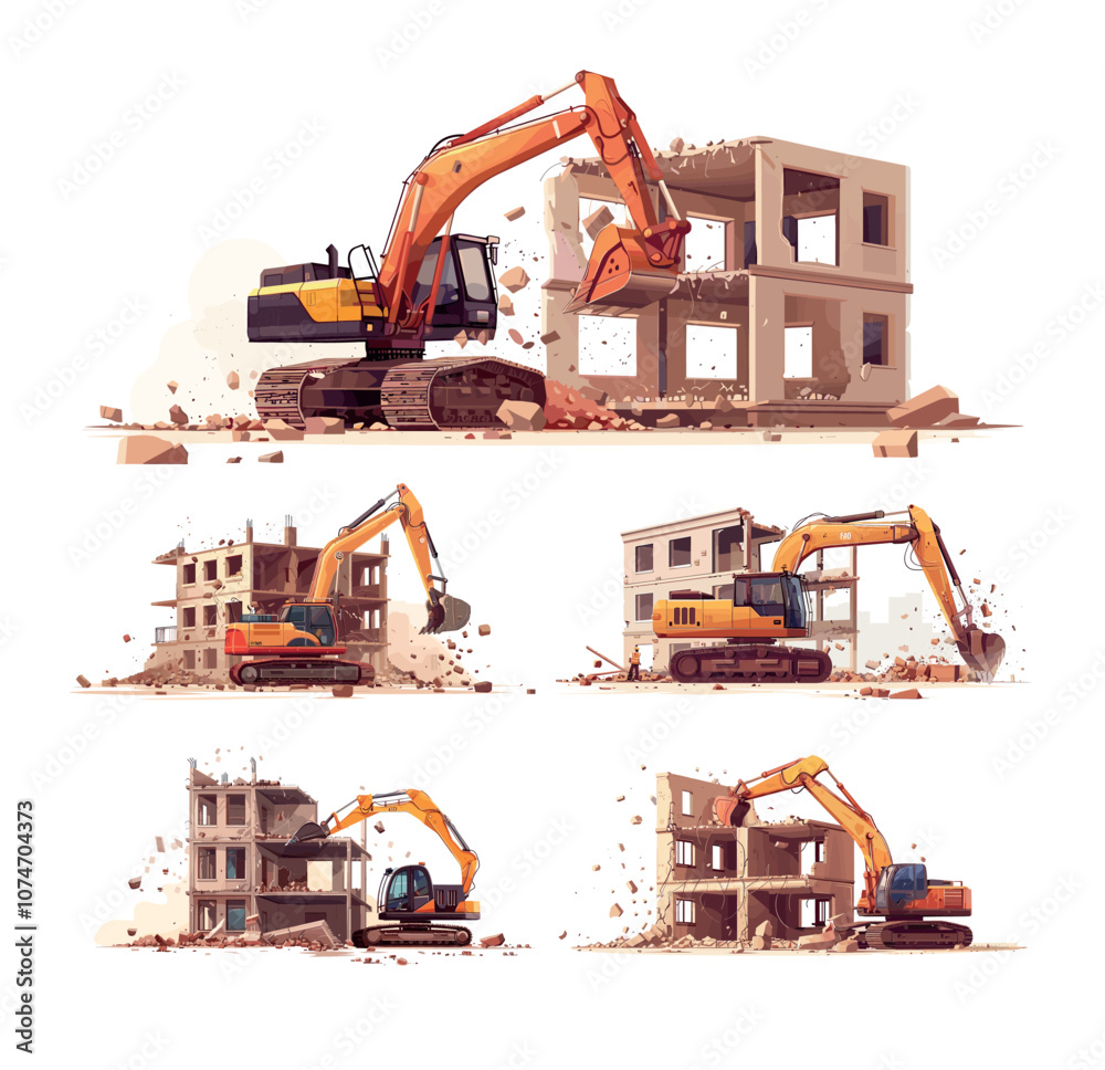 Demolition building cartoon vector scenes. Excavator bulldozer uniform ...
