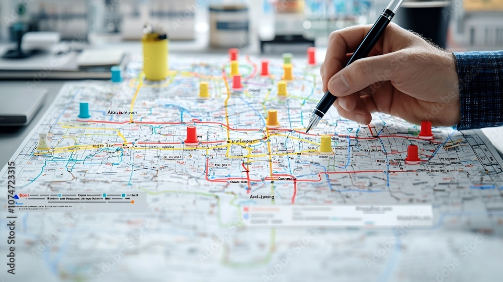 Detailed navigation map with vibrant red blue and yellow markers ...
