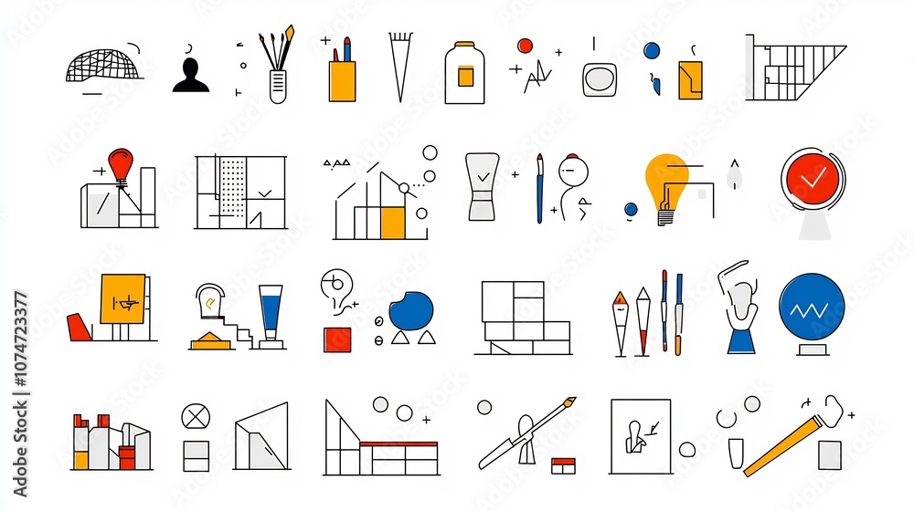 depicting a set of art themed web icons in a clean minimalist line ...