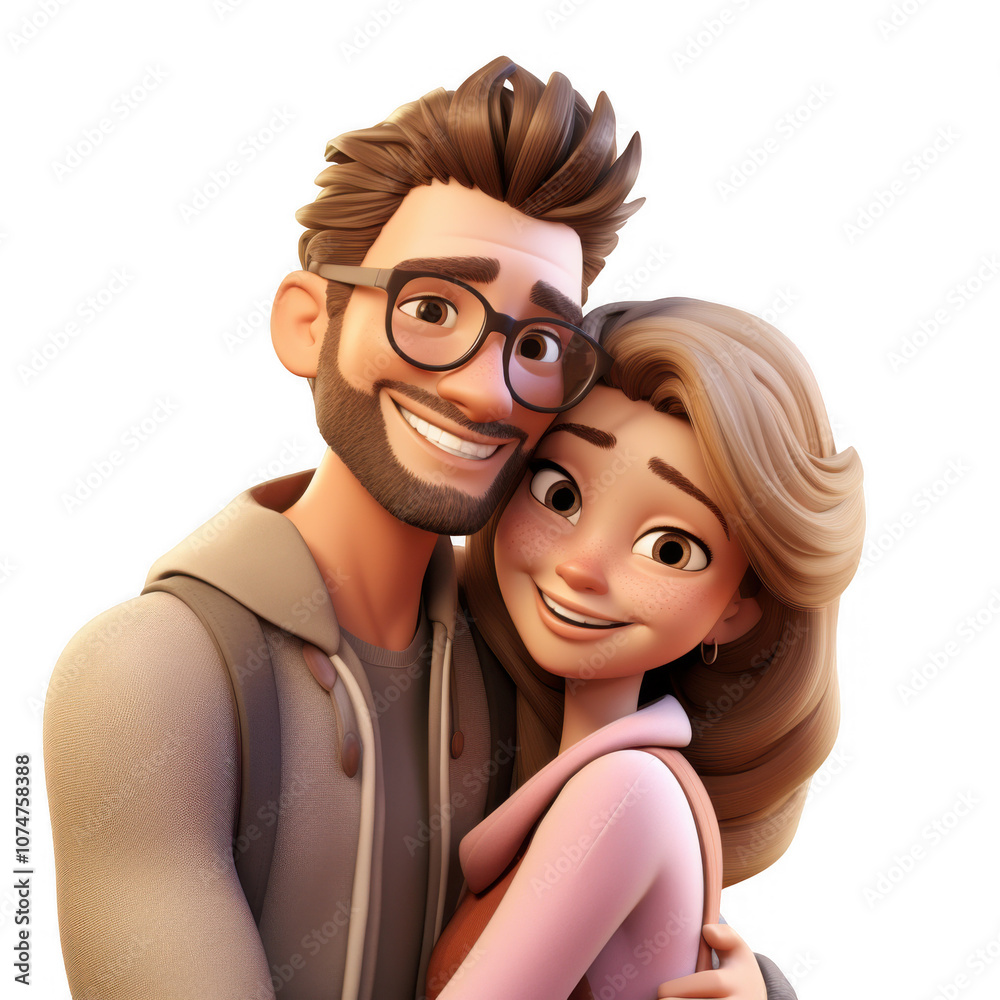 3d icon valentine avatar Happy cartoon couple embracing on transparent ...