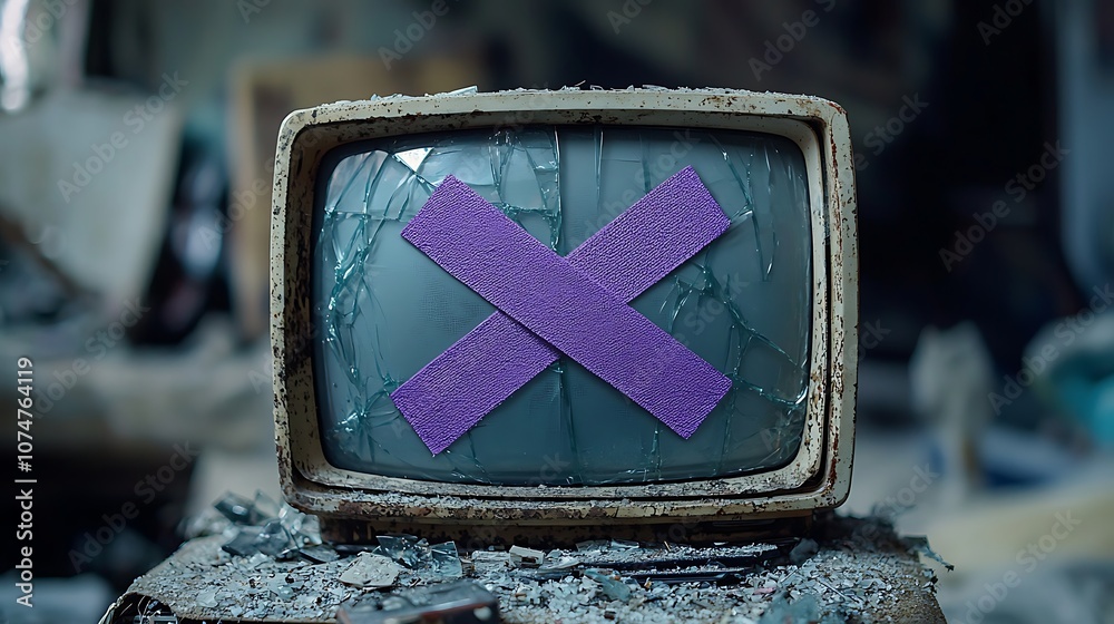 Vintage Damaged Television with Cracked Screen and Purple Tape X Shape ...