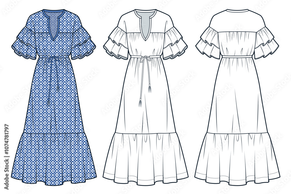 Ruffle Sleeve Dress technical fashion illustration, floral design ...