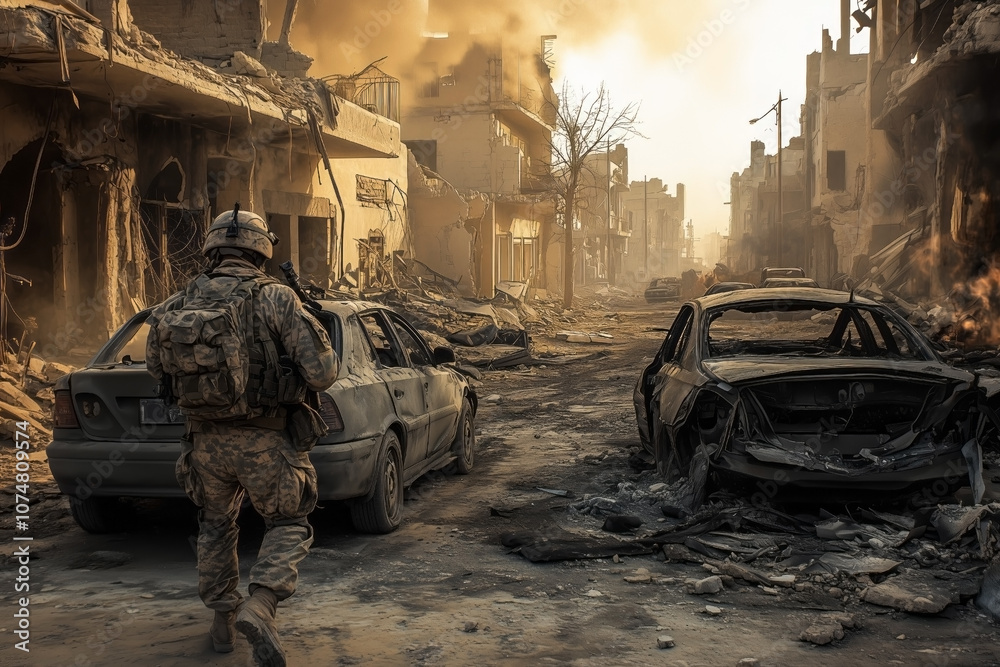 Soldier in full uniform in the Middle East patrols city streets ...