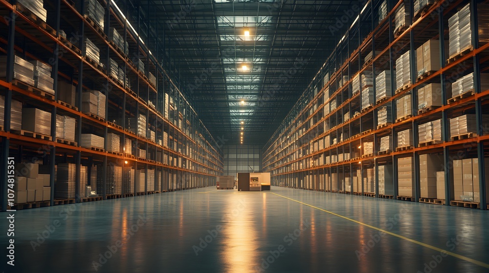 Smart warehouse. Automatic stock storage, modern distribution building ...