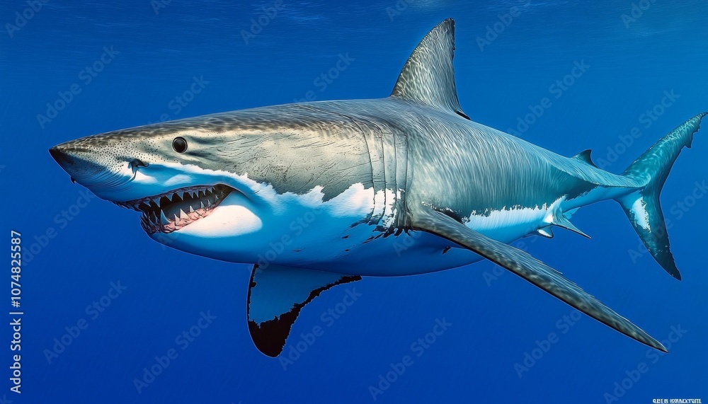 Great White Shark, Blue Water, Ocean Predator. Underwater Photography ...
