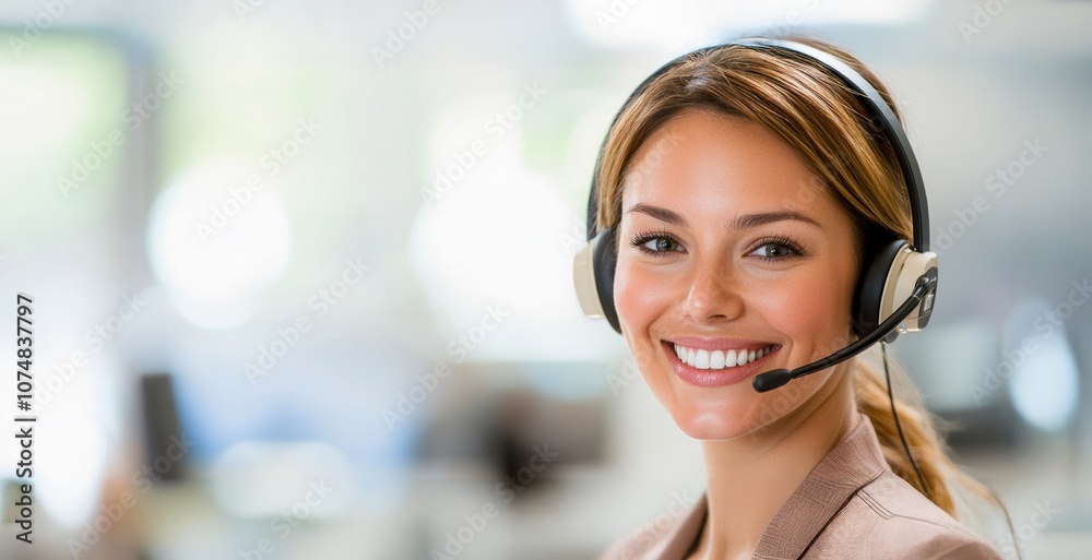 A friendly customer service representative wearing a headset smiles, showcasing professionalism ...