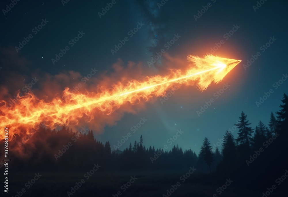 Fiery arrow shot across the starry night sky with smoke trailing over a dark forest landscape ...