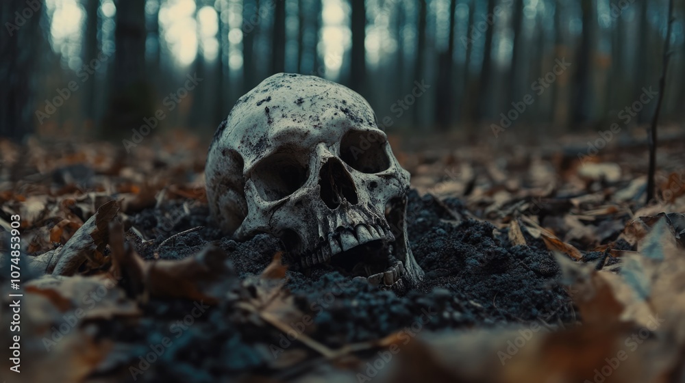 Human skull found in forest. Person remains buried in woodland thicket ...
