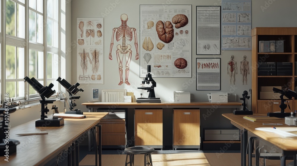 Biology classroom with anatomical models, educational posters, and ...