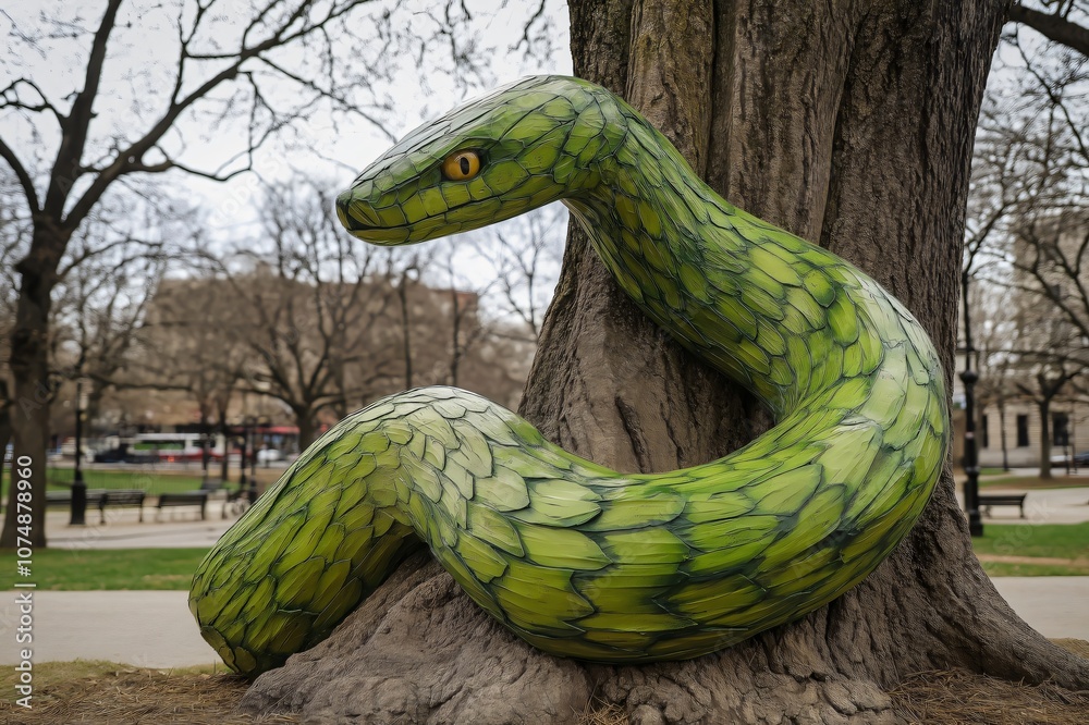 Vibrant green snake sculpture coils around a tree in an urban park ...