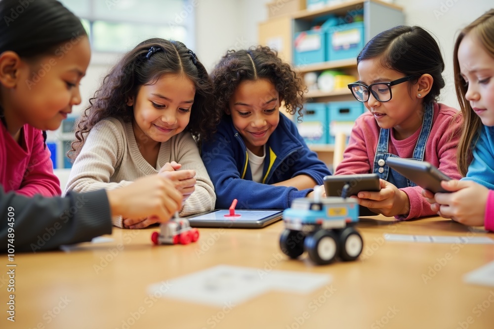 Diverse group of children engaged in interactive learning with tablets ...