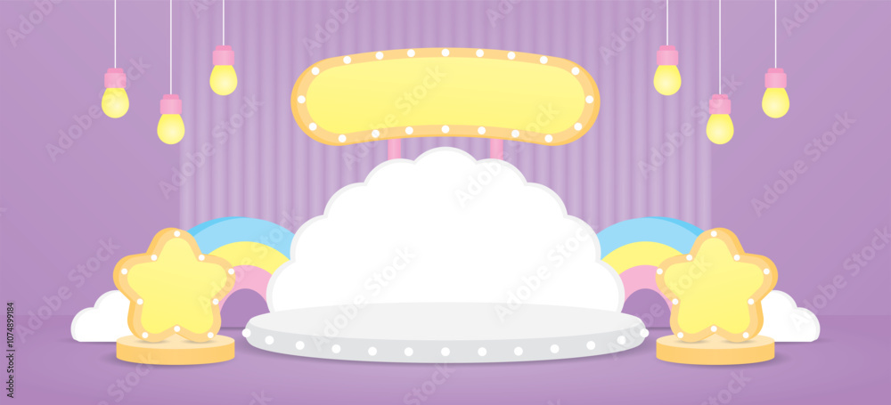 cute kawaii style stage with lightbulb star and sign with cloud shape ...