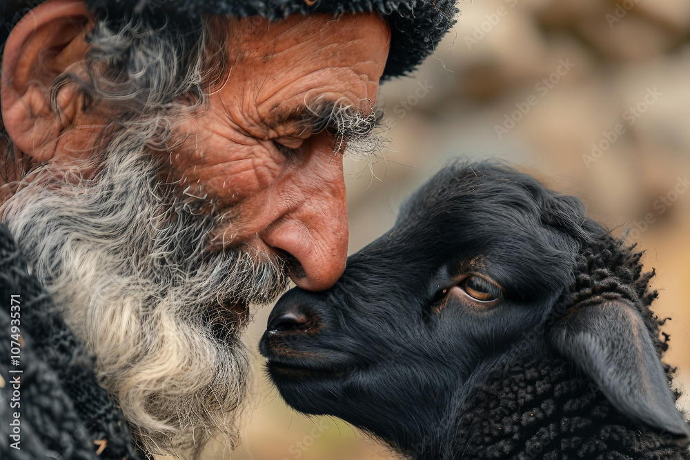 Shepherd with his staff guiding his flock of sheep across the tranquil ...