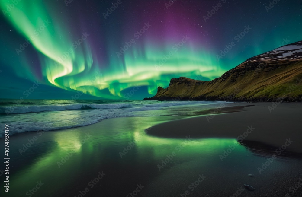 Colorful red and green northern lights, reflection in water of bay on ...