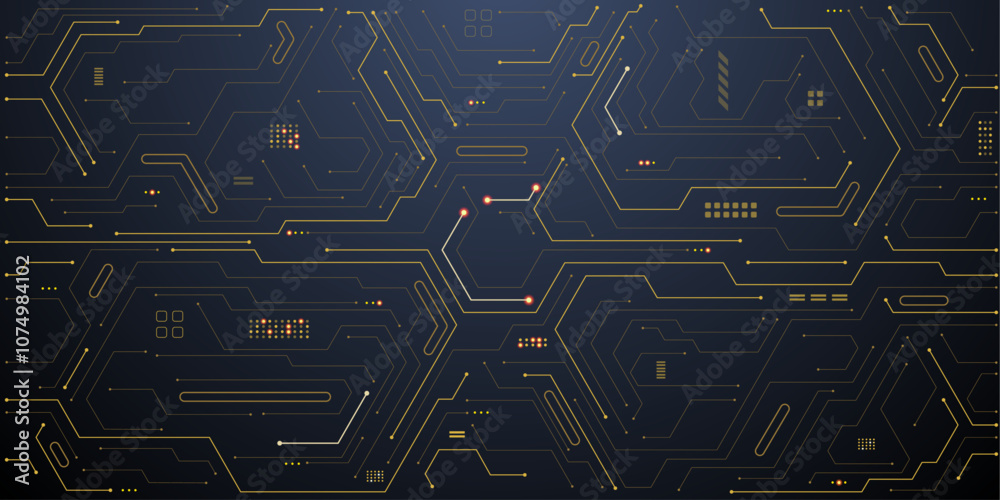 Abstract technology background. Gold circuit lines and connected dots ...
