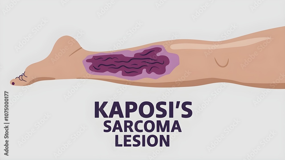 Illustration of a lesion of Kaposi's sarcoma, a form of cancer affecting the skin and mucous ...