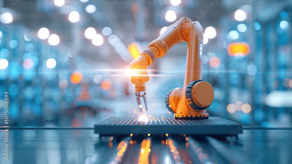 Orange robotic arm performing precision welding with sparks in a modern manufacturing facility ...
