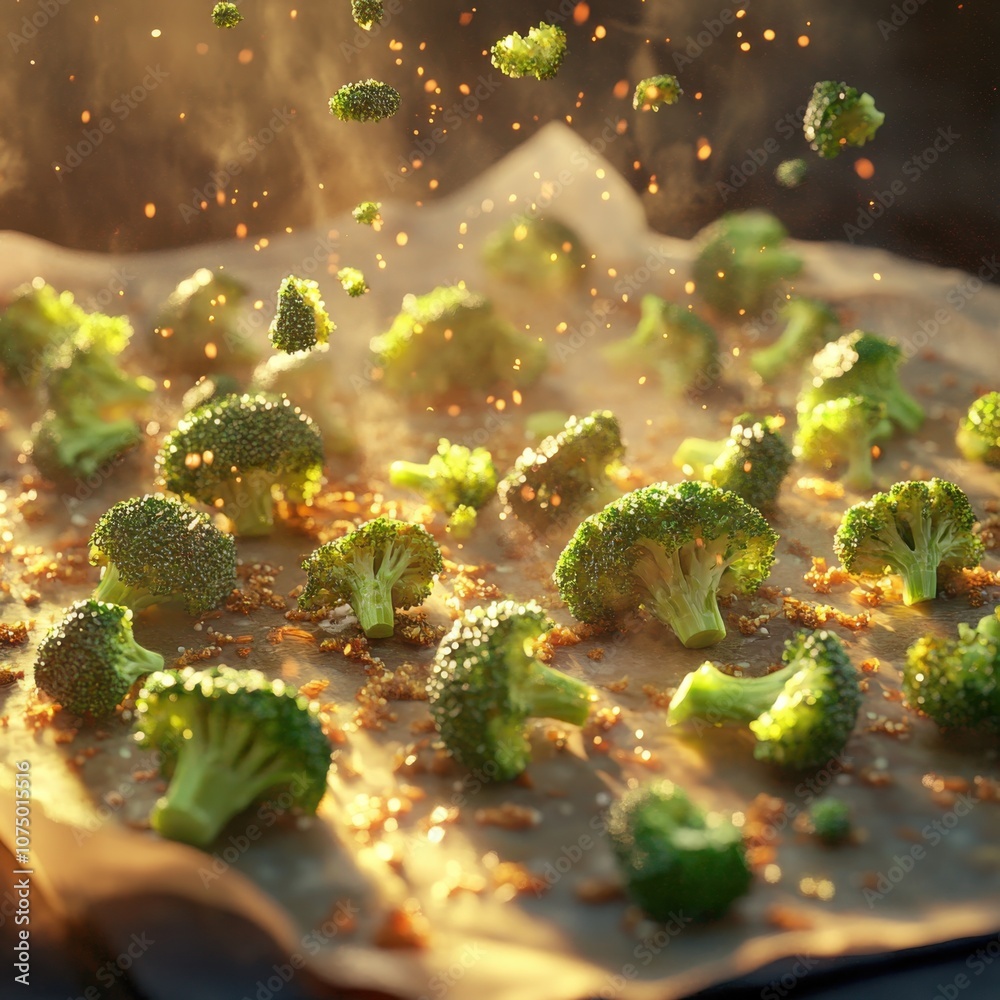 Broccoli, spices and broccoli pieces flying on an oiled sheet, golden ...