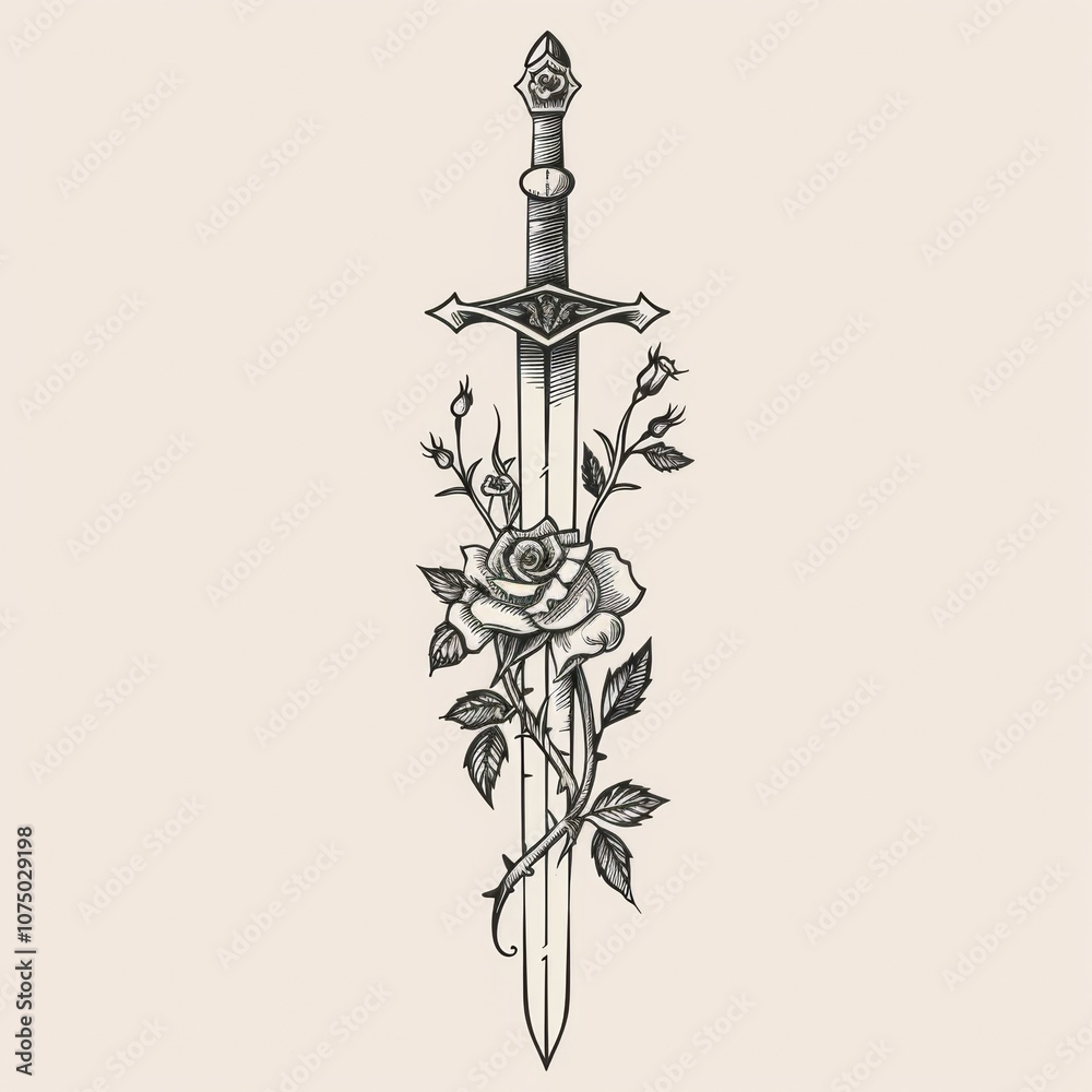 Elegant black ink illustration of a sword entwined with a blooming rose ...