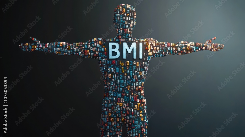 Digital human silhouette composed of various health-related images with ...