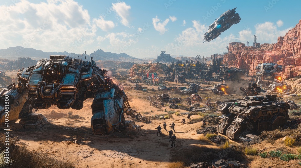 Futuristic Battle Scene in Arid Desert Landscape with Massive Mechs and ...