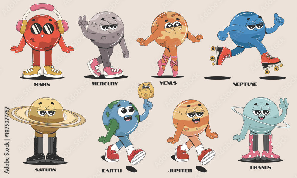 Сollection of cartoon solar system planets. Cute groovy characters for ...