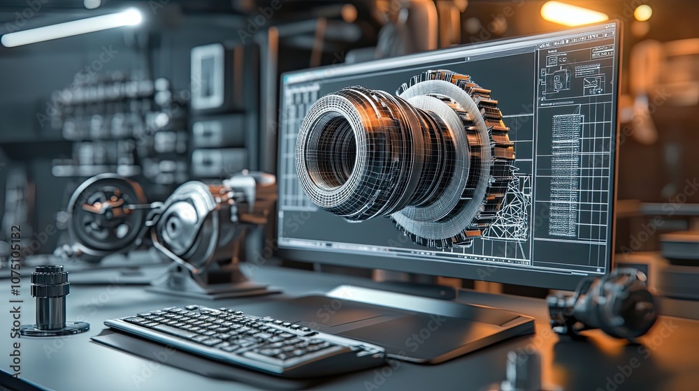 Computer Screen Showing a 3D Model of a Complex Gear System Stock Photo ...