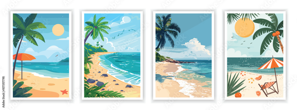 Summer Beach Landscape Drawing. Vector illustration of sandy shores ...