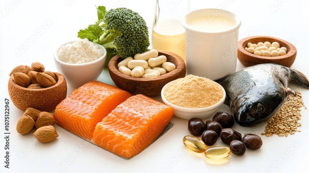 An assortment of healthy foods including salmon, milk, nuts, whole ...