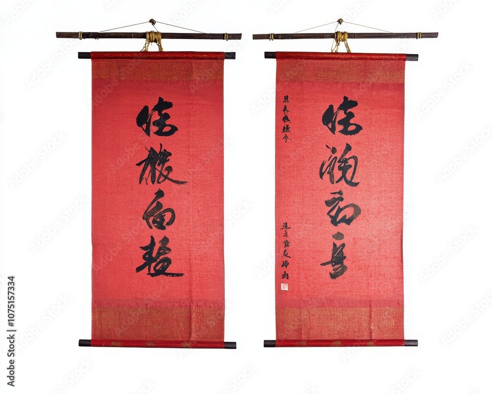 Red scrolls with traditional calligraphy, symbolizing prosperity and ...