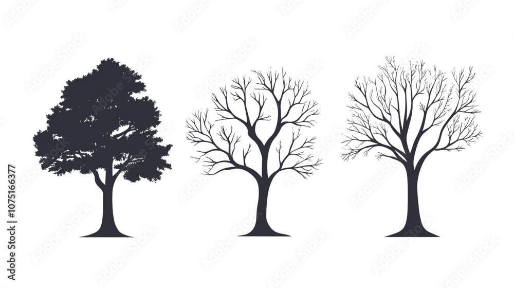 Silhouette tree set. Side view, set of graphic trees elements outline ...