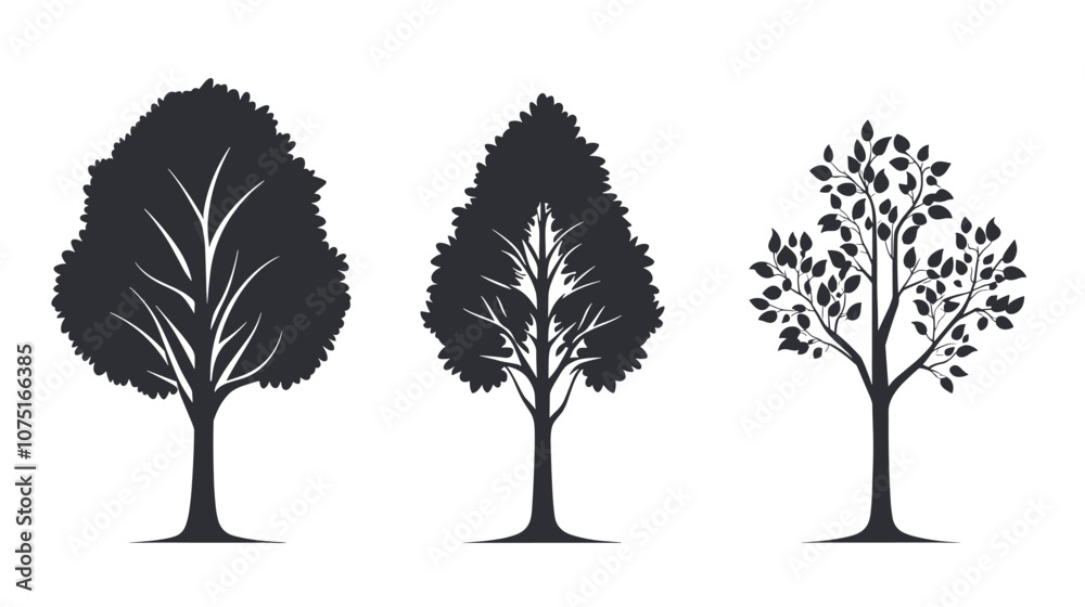 Silhouette tree set. Side view, set of graphic trees elements outline ...