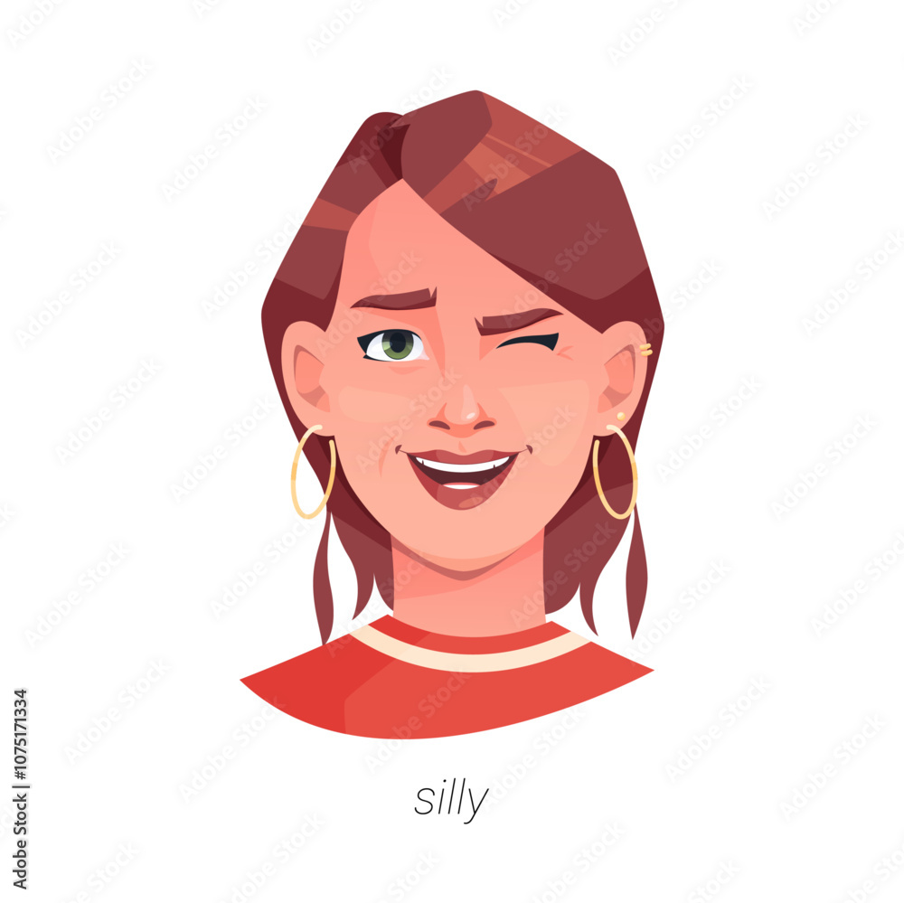 Silly facial expression of woman with smiling face. Vector isolated ...
