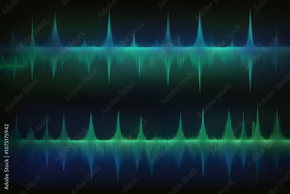 Digital waveforms in metallic blue and green on a dark gradient ...
