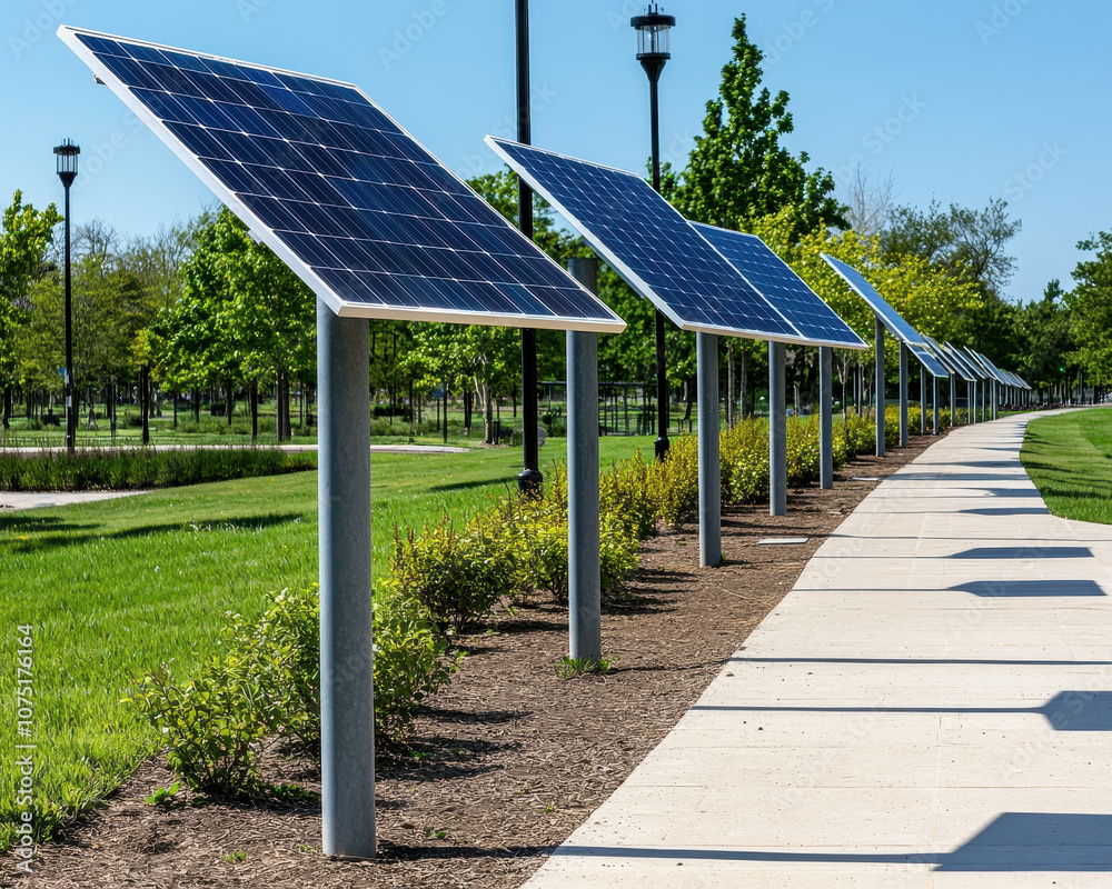 Solar panels lined along pathway in nature reserve, showcasing eco ...