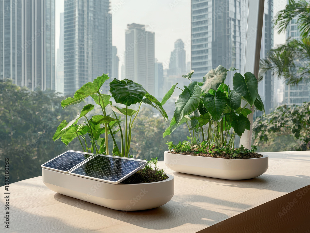 Urban rooftop gardens with solar powered planters enhance ...