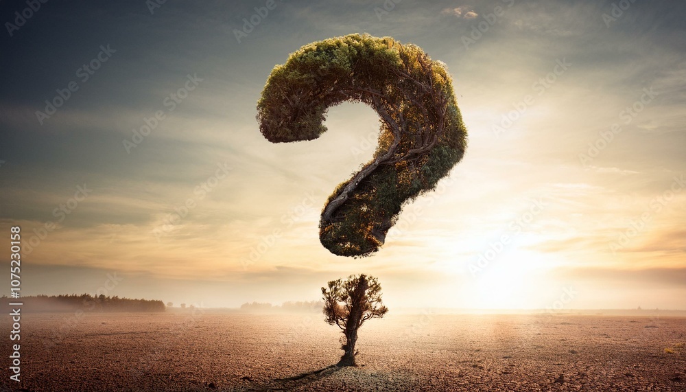 Question mark tree formed entirely from lush, green grass. Symbolizes ...