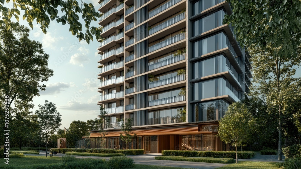 High-rise building exterior with aluminum louver windows, providing ...