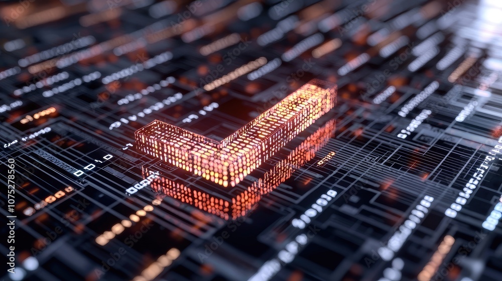 Abstract digital background with glowing orange check mark symbol on a ...