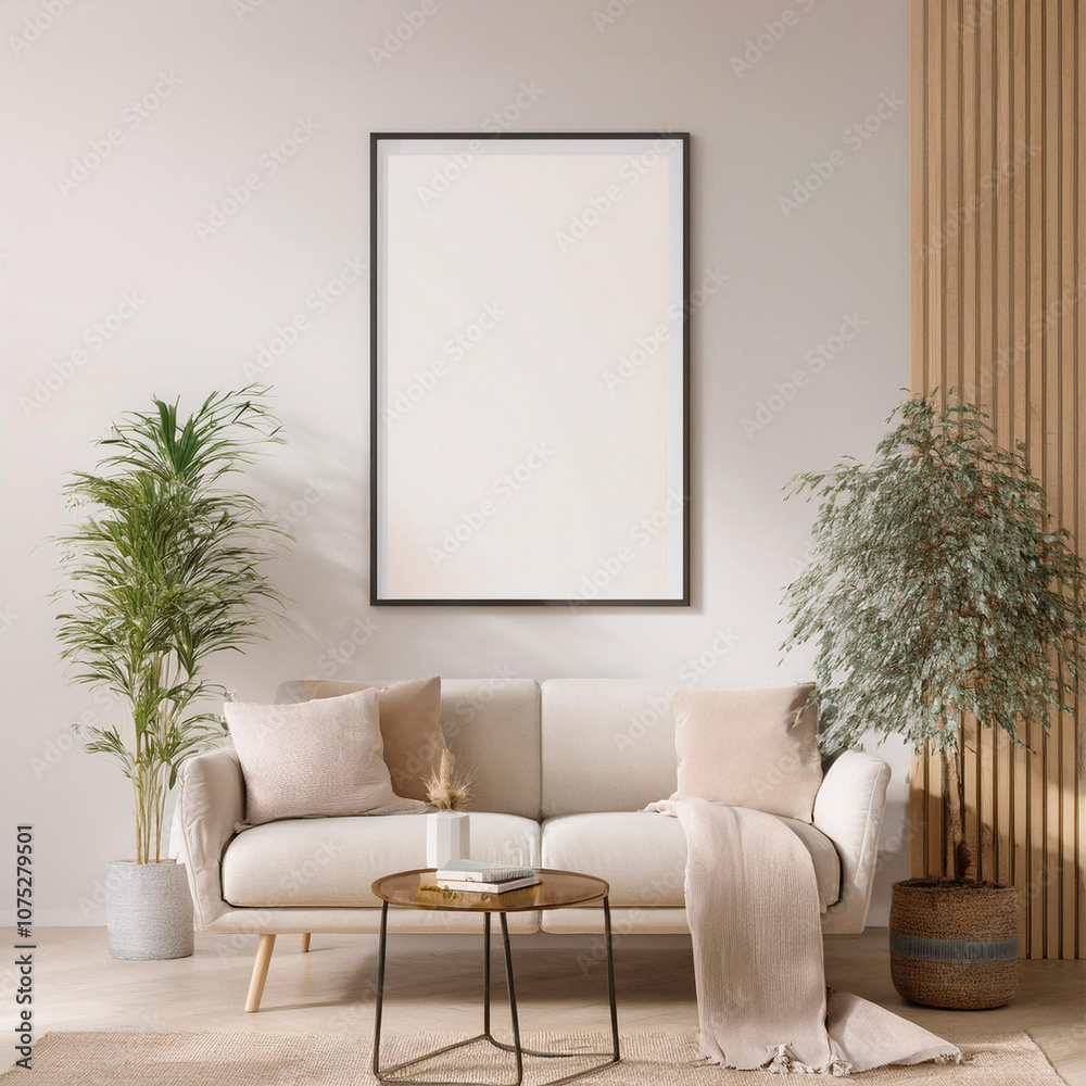 Mockup frame, sala de estar com quadro em branco na parede. Render 3d ...