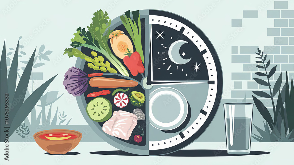 Intermittent fasting conceptual poster. Clock split into two halves ...