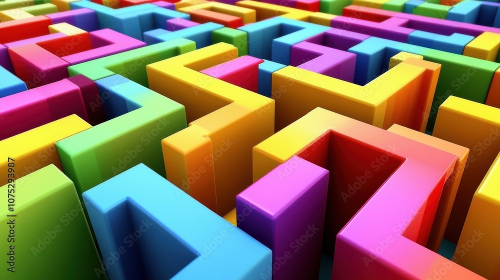 Colorful 3D maze structure featuring vibrant blocks in various shapes ...