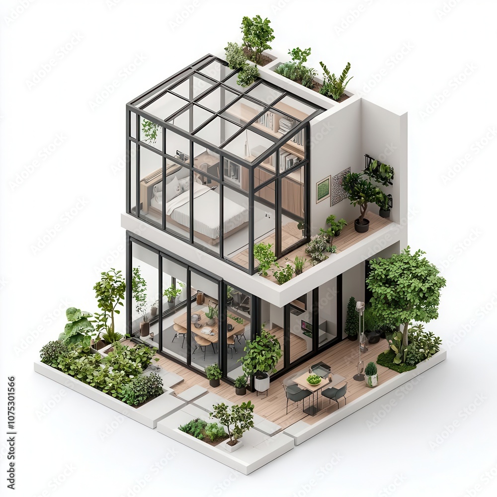 Isometric rendering of a modern house with an elevated rooftop ...