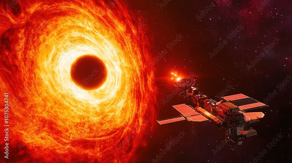 Space probe observing distant black hole, with gravitational lensing ...