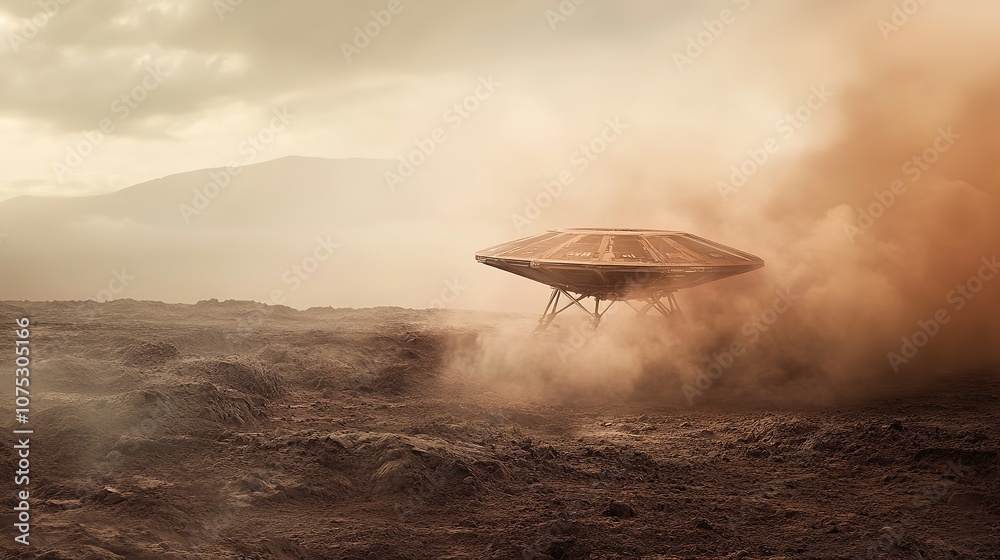 Space probe landing on rugged surface of outer planet's moon, landing ...