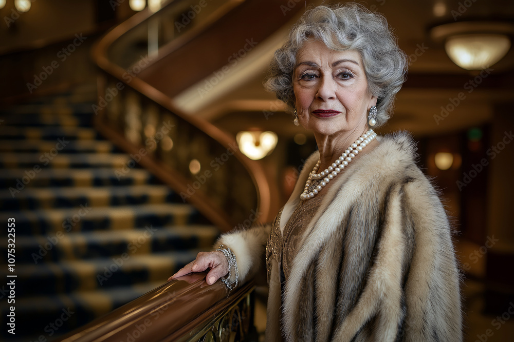 Glamorous grandma in a vintage fur coat and pearls, standing on a grand ...