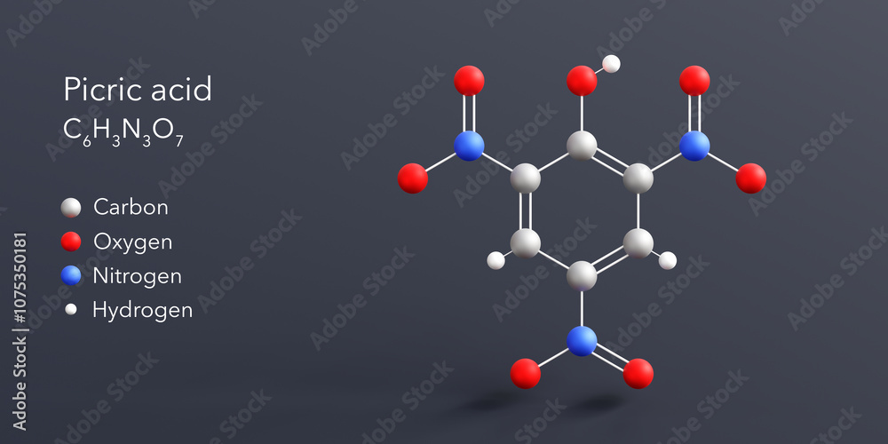 picric acid molecule 3d rendering, flat molecular structure with ...